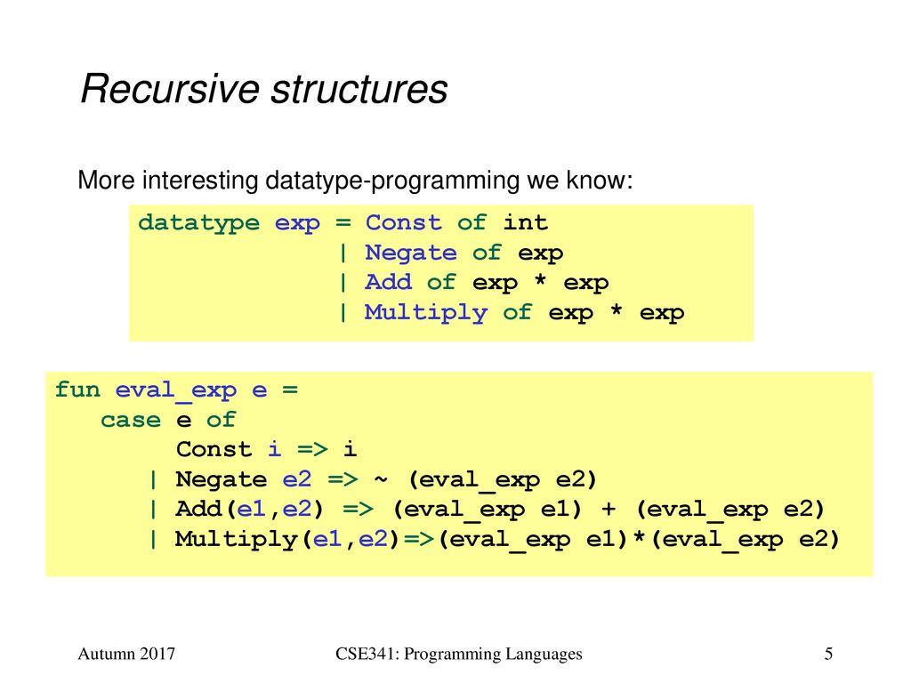 Cse341 Programming Languages Lecture 16 Datatype Style Programming With Lists Or Structs Dan