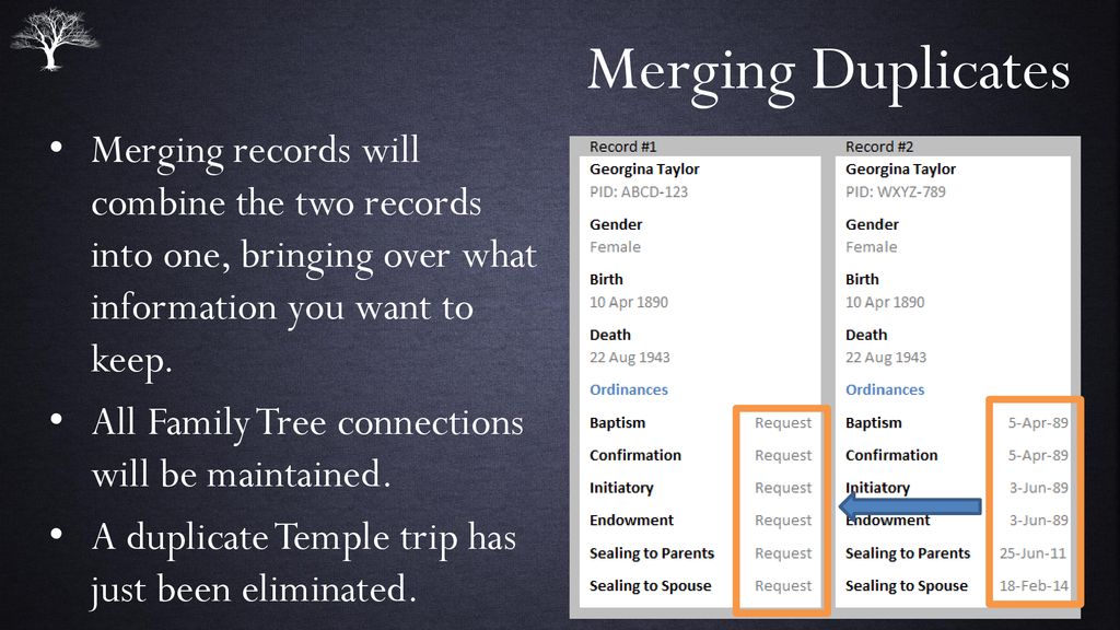 Family History Merge Duplicates, Edit Info, Establish Relationships ... Family History Merge Duplicates, Edit Info, Establish Relationships ...